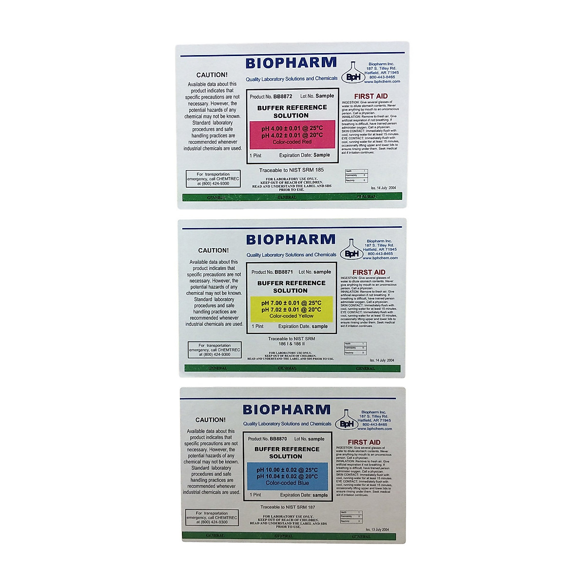 pH Buffer Calibration Solution Kit 3-Pack: pH 4.00, pH 7.00, pH 10.00 Buffers — 500 mL (1.06 Pint) Each — Color Coded — NIST Traceable for All pH Meters