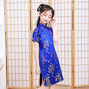 AwarFy Infant Toddler Big Kids Short Sleeve Stand Up Collar Plated Buckle Chinese Cheongsam New Year's Gown (Blue, 6-12 Months)