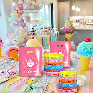 110 PCS Ice Cream Party Favors Cute Ice Cream Necklace Goodie Bags with Keychains, Stickers, Rubber Bracelets, Button Pins and Bags for Summer Themed Birthday Party Baby Shower