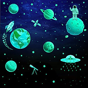 Glow in The Dark Stars for Ceiling, Solar System Wall Stickers for Kids, Planet Wall Decals, Glowing Stars, Space Decor for Boys Room, Galaxy Astronaut Rocket Spacecraft Alien Decoration