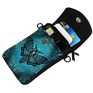 MNSRUU PU Leather Crossbody Bag Blue Skull Moth Butterfly Cell Phone Pouch Wallet with Credit Card Slots Small Shoulder Bag with Strap for Women