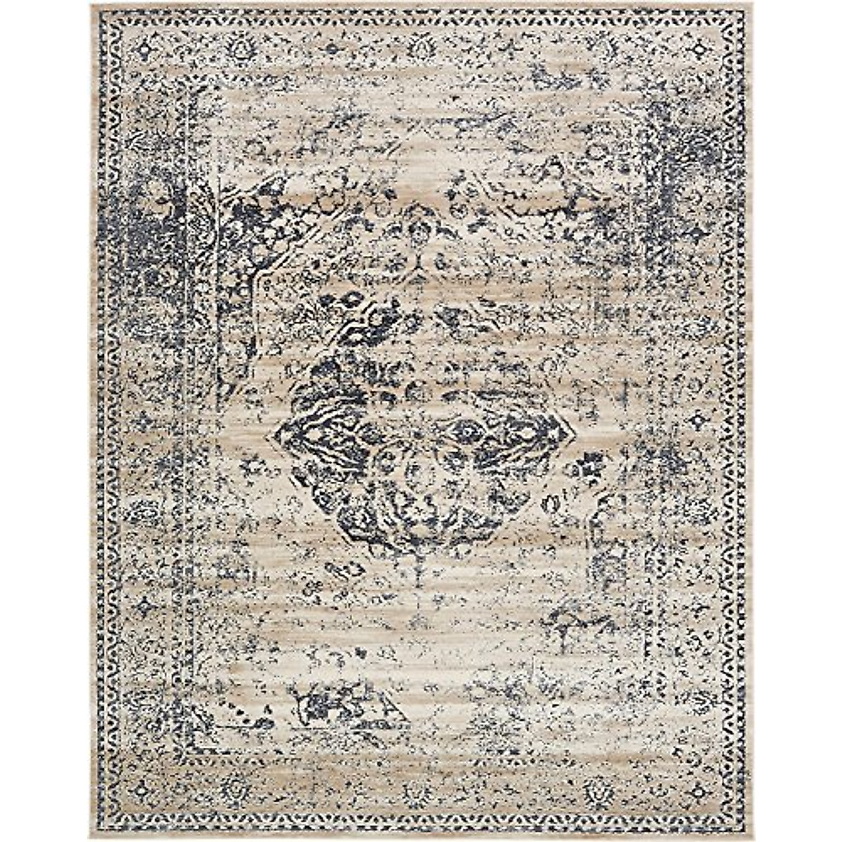 Unique Loom Chateau Collection Distressed Vintage Traditional Textured Dark Blue Area Rug (8' 0 x 10' 0), beige/navy blue