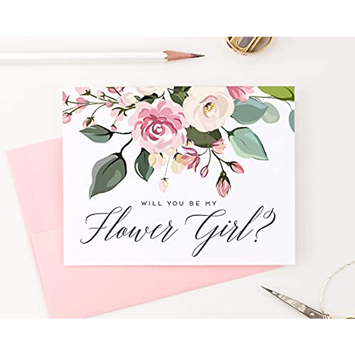 Rustic Floral Will You Be My Flower Girl Card Pink, Modern Flower Girl Proposal Cards, Elegant Bridal Party Ask Cards, Your Choice of Quantity and Envelope Color