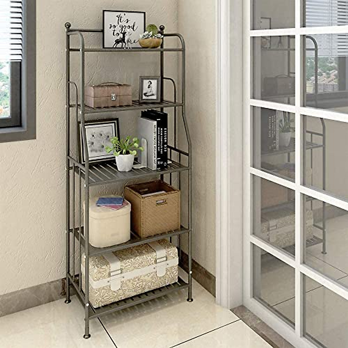 GHQME 5 Tier Metal Standing Shelf Space Saver, Storage Tower Rack for Kitchen Bathroom, Storage Shelving Unit Organizer, Outdoor Flower Stand (Black, 5-Tier)