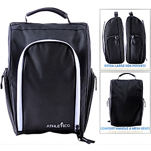 Athletico Golf Shoe Bag - Zippered Shoe Carrier Bags With Ventilation & Outside Pocket for Socks, Tees, etc. Perfect Storage (Black)