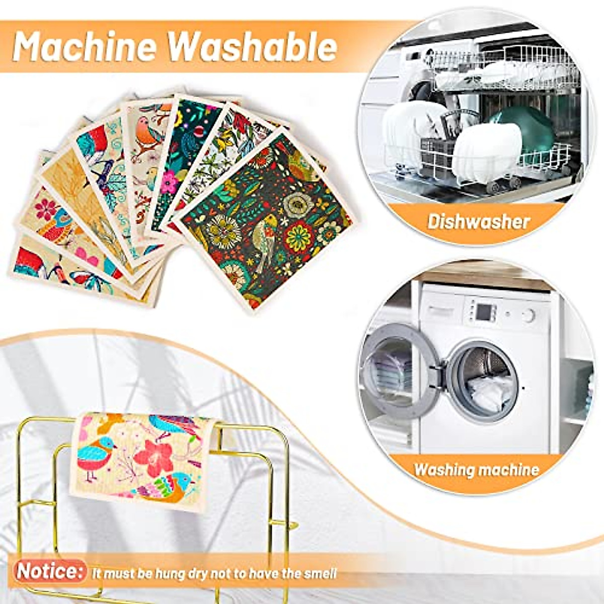 Lucomb 8 Pack Swedish Dishcloths for Kitchen, Reusable Soft Kitchen Towels Dish Cloths Set Absorbent Sponge Cleaning Washable Quick Drying Bar Hand Washing (Birds Flowers)