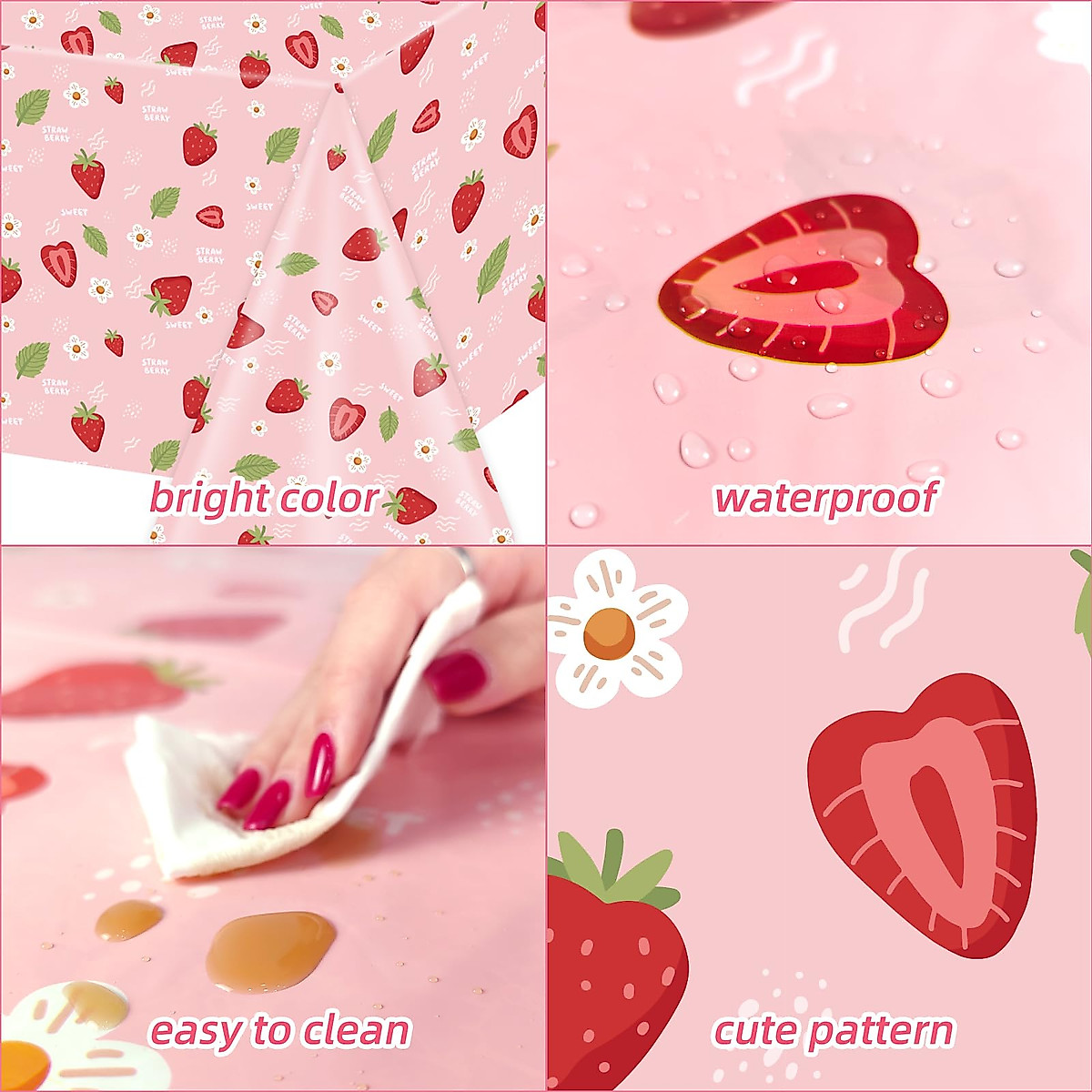 Ayearparty 4 Pack Strawberry Tablecloth Sweet One Birthday Table Cover Berry First Birthday Decorations Plastic Strawberry Theme Party Decor Party Supplies for Girls Baby Shower 108 x 54 in