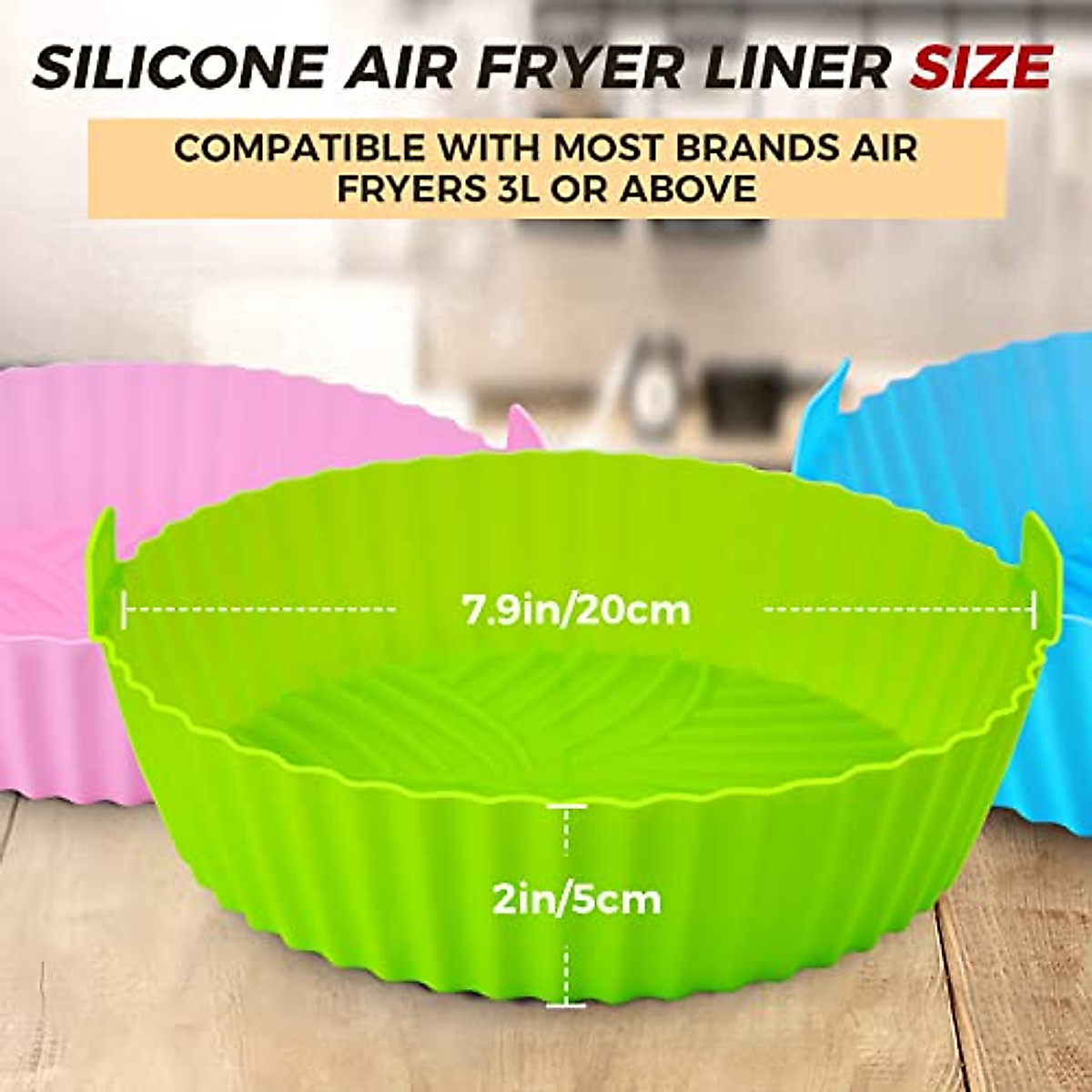 3Pcs Air Fryer Silicone Liners 8inch Air Fryer Silicone Pot Reusable Food Grade Silicone Air Fryer Baking Tray Basket Accessories Replacement of Flammable Disposable Parchment Paper Fit 3-7QT Airfryer