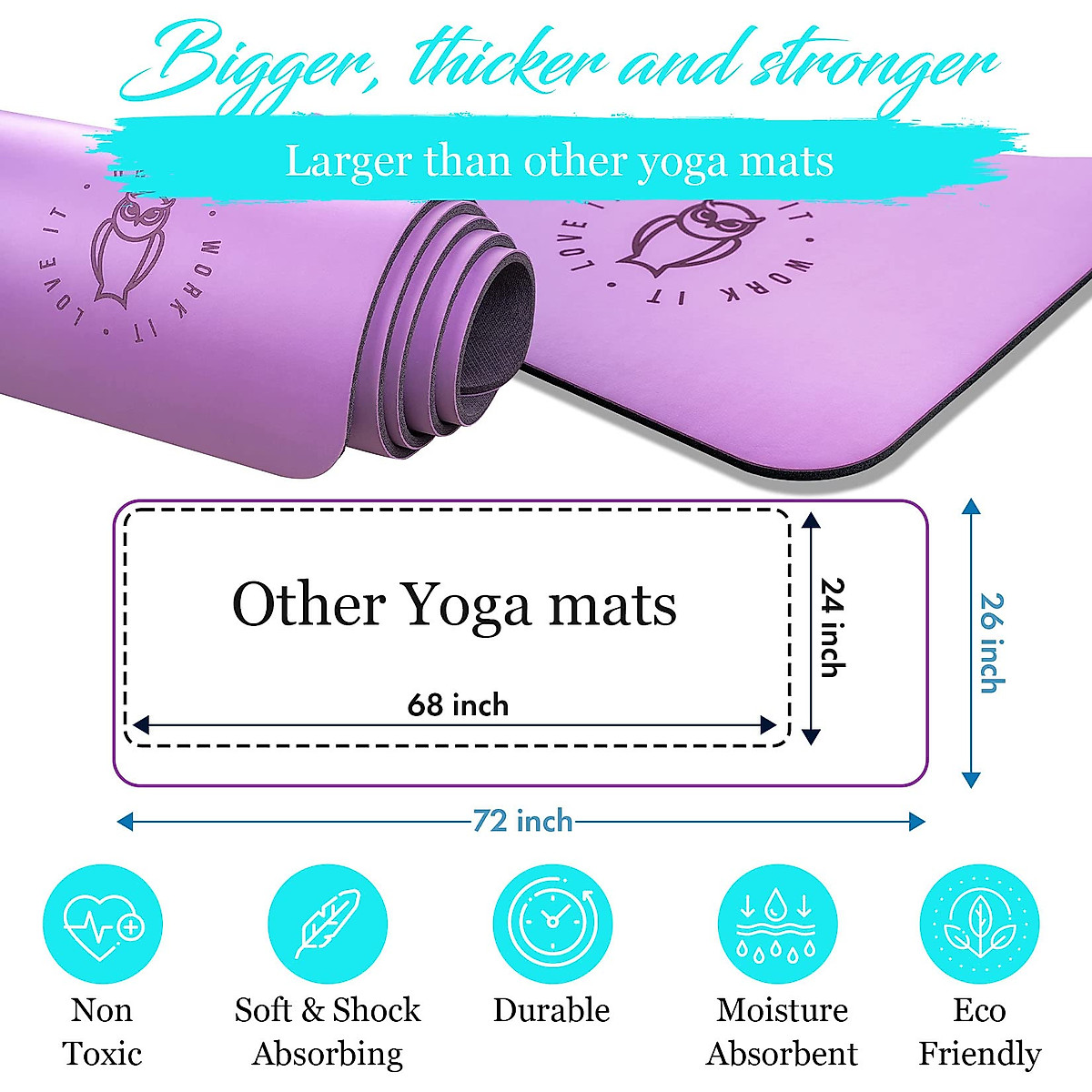 Yoga Mat by Modern Body Extra Thick 6mm for Exercise and Pilates - Purple Elephant- Natural Eco Friendly Rubber, Extra Cushion for Stability and Comfort, Absorbent non-slip grip with 2 carry straps