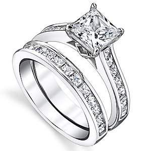 1.5 Carats Sterling Silver Cubic Zirconia Bridal Set Engagement Wedding Ring Bands Princess Cut