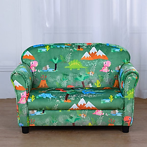 Yoonnie room Kid Sofa Chair,2-Seater Upholstered Kid Couch with Dinosaur Pattern Velvet Fabric for Children Gift(Green)