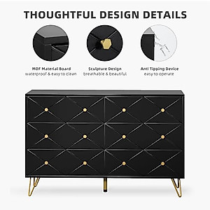 DWVO Large 6 Drawer Dresser for Bedroom, Black Wood Dresser Chest of Drawers with Fluted Panels, Modern 47" W TV Stand Double Dressers Storage Cabinet for Living Room, Hallway, Entryway