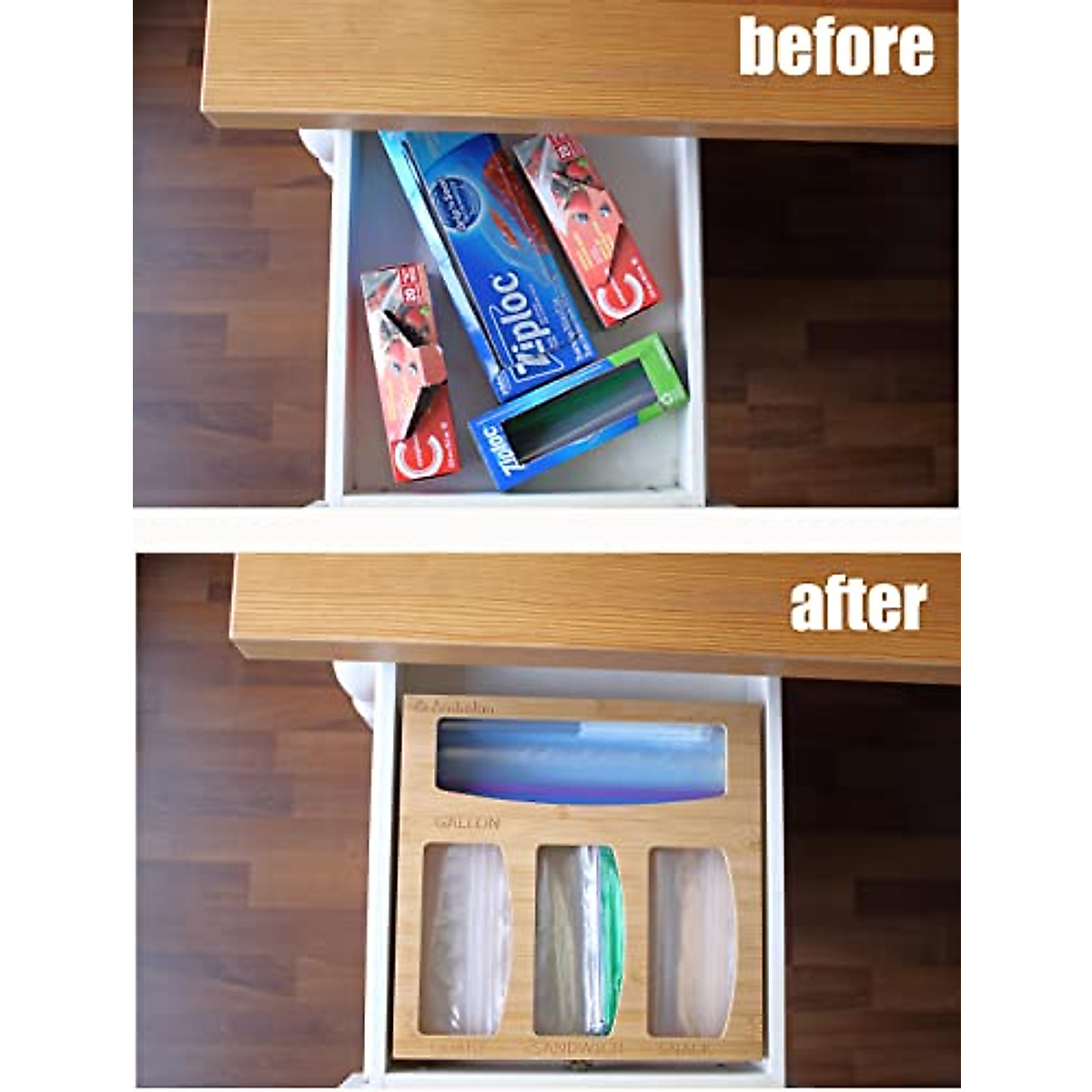 Ambolan Ziplock Bag Storage Organizer, Bamboo Drawer Organizer, Plastic Bag Organizer, Compatible with Ziploc, Solimo for Gallon, Quart, Sandwich, and Snack Variety Size Bags