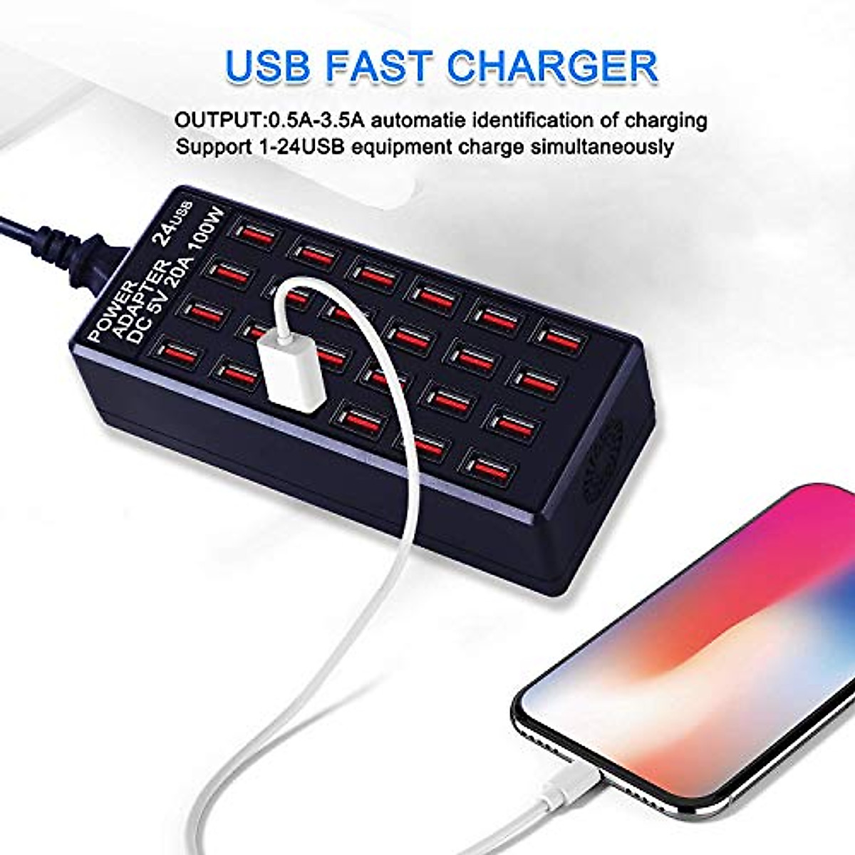 24-Port 100 watt (20 A) USB Charging Station, Home Desktop USB Fast Charger, Multiple USB Desktop Chargers, Suitable for Hotels, Shops, Schools, Shopping malls and Travel