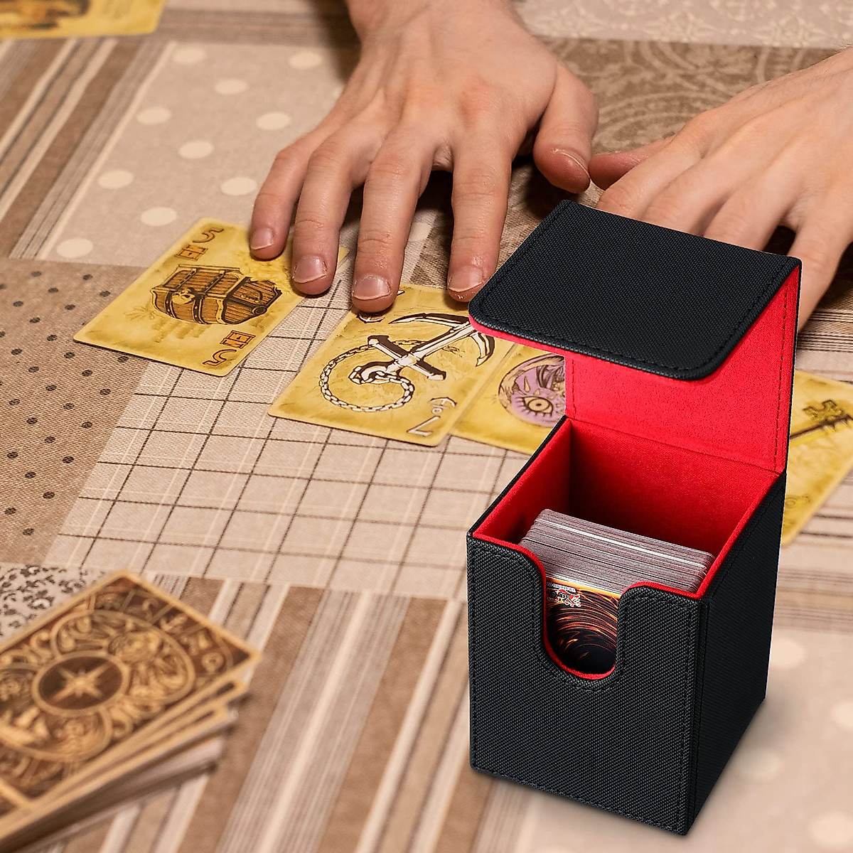 6 Pack Leather Deck Card Boxes 100+ Card Deck Game Box Magnetic Playing Card Deck Card Storage Box for 100 Plus Cards Compatible with MTG TCG (White,Black,Black Red,Red,Yellow,Purple, Vertical)