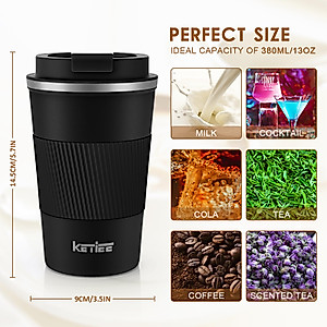 KETIEE Travel Mug 12oz, Vacuum Insulated Coffee Mug with Leakproof Lid, Travel Coffee Tumbler Stainless Steel Double Walled Reusable Coffee Cup for Hot and Iced Coffee Tea Water (Black)