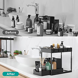 Adjustable Height Under Sink Organizers and Storage, 2 Tier Sliding Bathroom Organizer Under Sink,Multipurpose Under Kitchen Sink Organizers and Storage With 4 Hooks for Bathroom Kitchen Desktop
