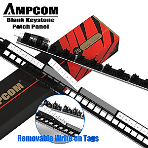 AMPCOM 24 Ports 1U Blank Keystone Patch Panel, 19 inch Rack or Wall Mount with Rear Cable Management Panel for Ethernet CAT5e/CAT6/CAT7, USB, HDMI