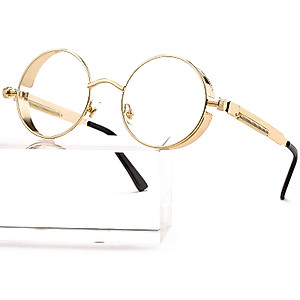AIEYEZO Round Steampunk Sunglasses for Men Women Gothic Glasses Vintage Circle Metal Frame 100% UV Blocking Lens (Gold/Clear)