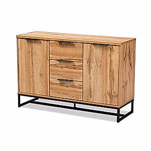 Baxton Studio Reid Oak Finished Wood Black Metal 3-Drawer Sideboard Buffet
