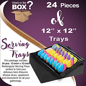 Disposable Plastic Serving Tray 24 Pcs, Heavyweight 12”x12” Square Black Appetizer Serving Platters, Party Set For Wedding, Birthday & All Occasions