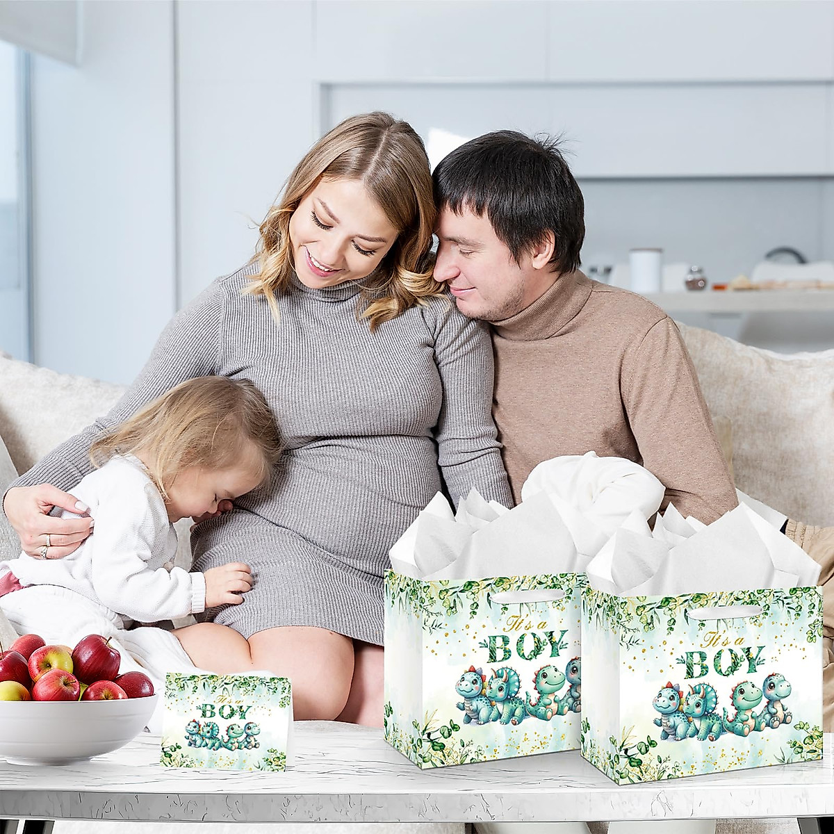 Baby Shower Decoration Gift Bags for Boys It's a BOY Dinosaur Gift Bag with Greeting Card and Tissue Paper for Baby Shower Birthday Wrapping Paper Bag for Newborn Dinosaur Birthday Party Supplies