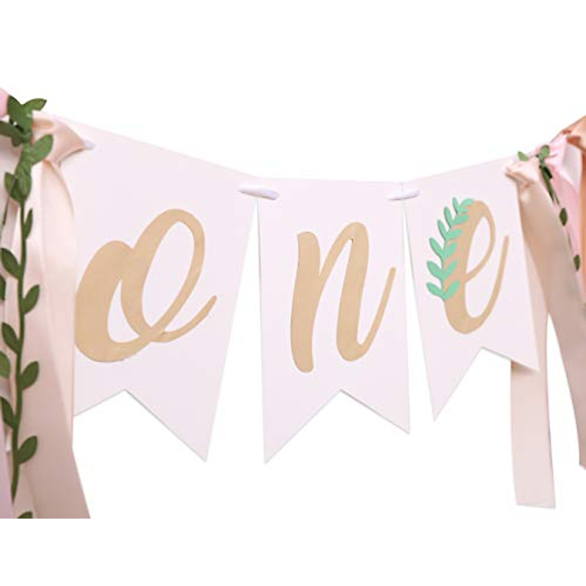 WAHAWU Baby Girl Banner for 1st Birthday - Green Leaf Pink Gold Tan , Rustic High Chair Banner , Boho High Chair Bunting , Photo Decoration Props , Birthday Party Gifts for Girls (Green Leaf pink banner)