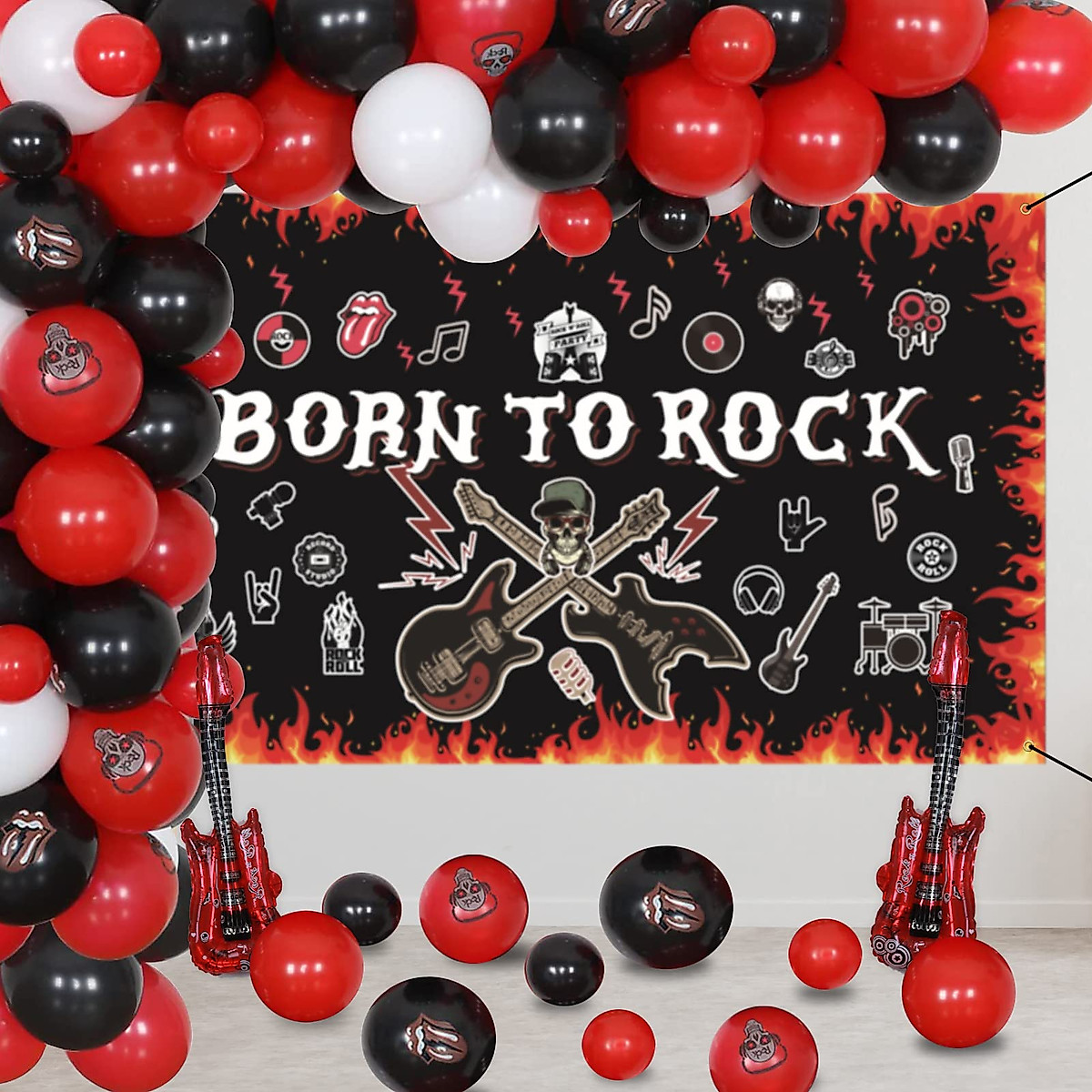 Crenics Rock and Roll Party Decorations - Large Born to Rock Backdrop Banner, Balloons Arch Kit and Guitar Foil Balloons for Rock Star Music Theme Birthday Party Supplies
