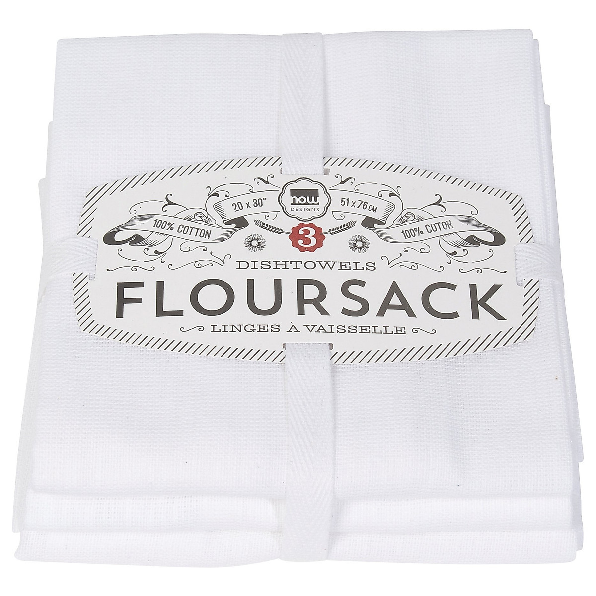Now Designs Classic Floursack Kitchen Towels, Set of Three, White