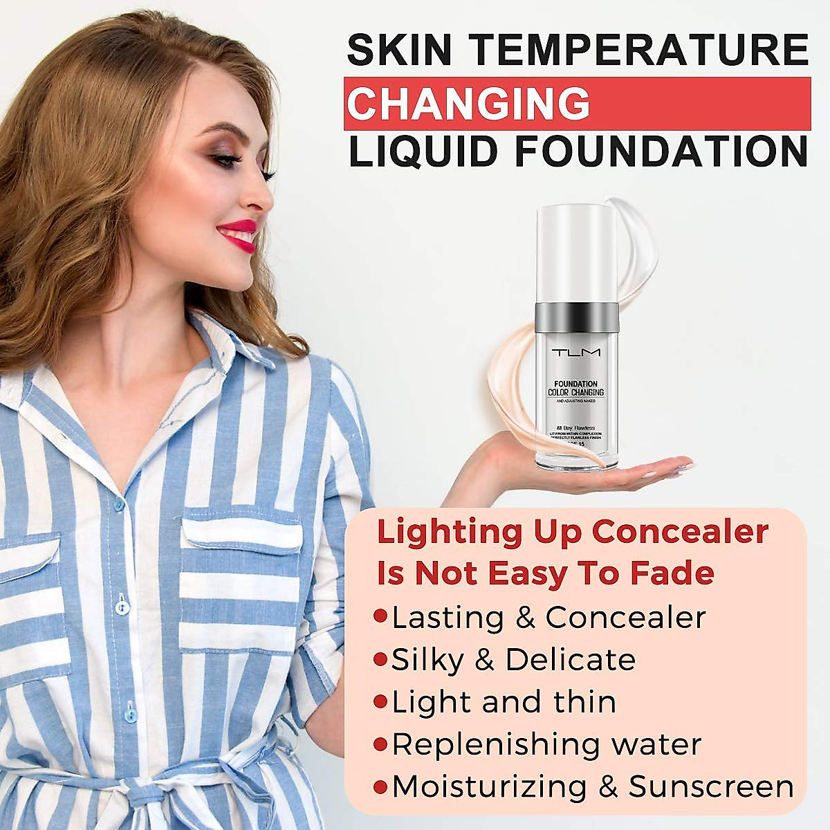 2PCS TLM Flawless Colour Changing Warm Skin Tone Foundation,Naturally Blends Moisturizing foundation makeup,Long Lasting Waterproof Lightweight Liquid Foundation SPF 15 for Face Makeup