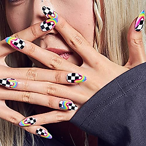 GLAMERMAID Press on Nails Medium Short Almond, 24Pcs Acrylic Oval Fake Nails with Checkerboard Rainbow Design Y2K Stick Glue on Nails Pride Rainbow Reusable Stiletto False Nail Tips with Adhesive Tabs