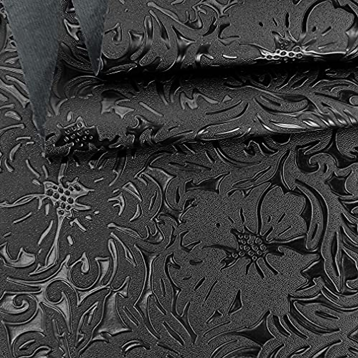 12 x 53 Inch Embossed Faux Leather Roll Vintage Flower Textured Synthetic Leather Fabric for DIY Sewing Crafts Wallets Jewlery Making (Black)