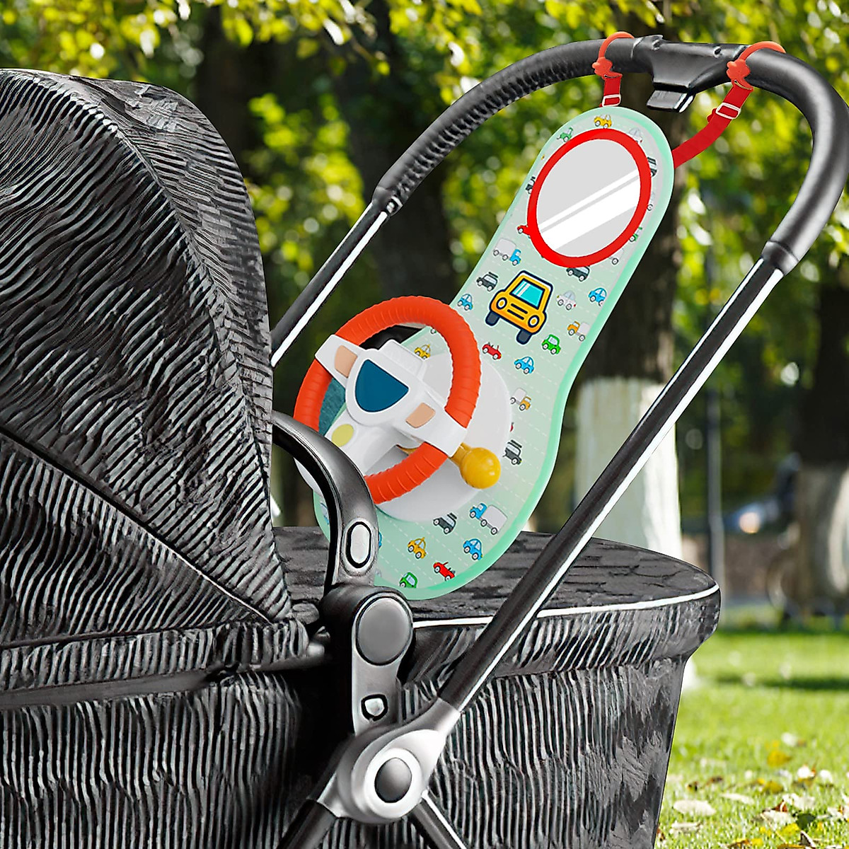 COVTOY Baby Car Seat Toys for Infants with Mirror Carseat Toys Steering Wheel with Music Lights Driving Sounds Car Seat Toy Baby Toys 6-12 Months