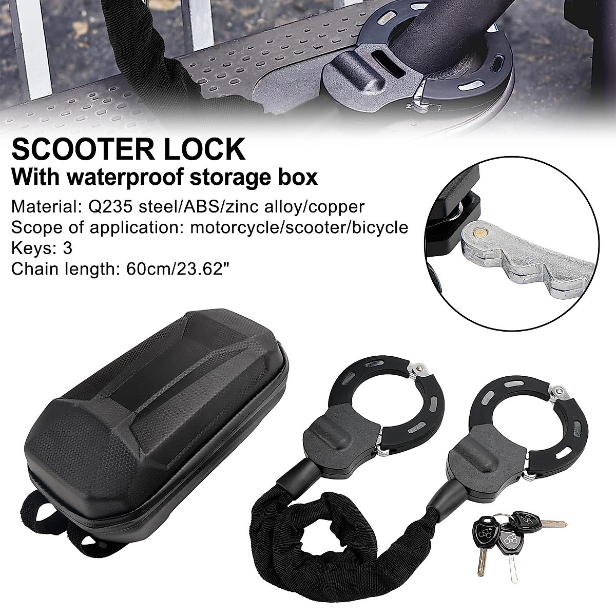 Areyourshop Motorcycle Bike Electric Scooter Lock with Key 60cm Chain Lock Anti Theft W/Bag