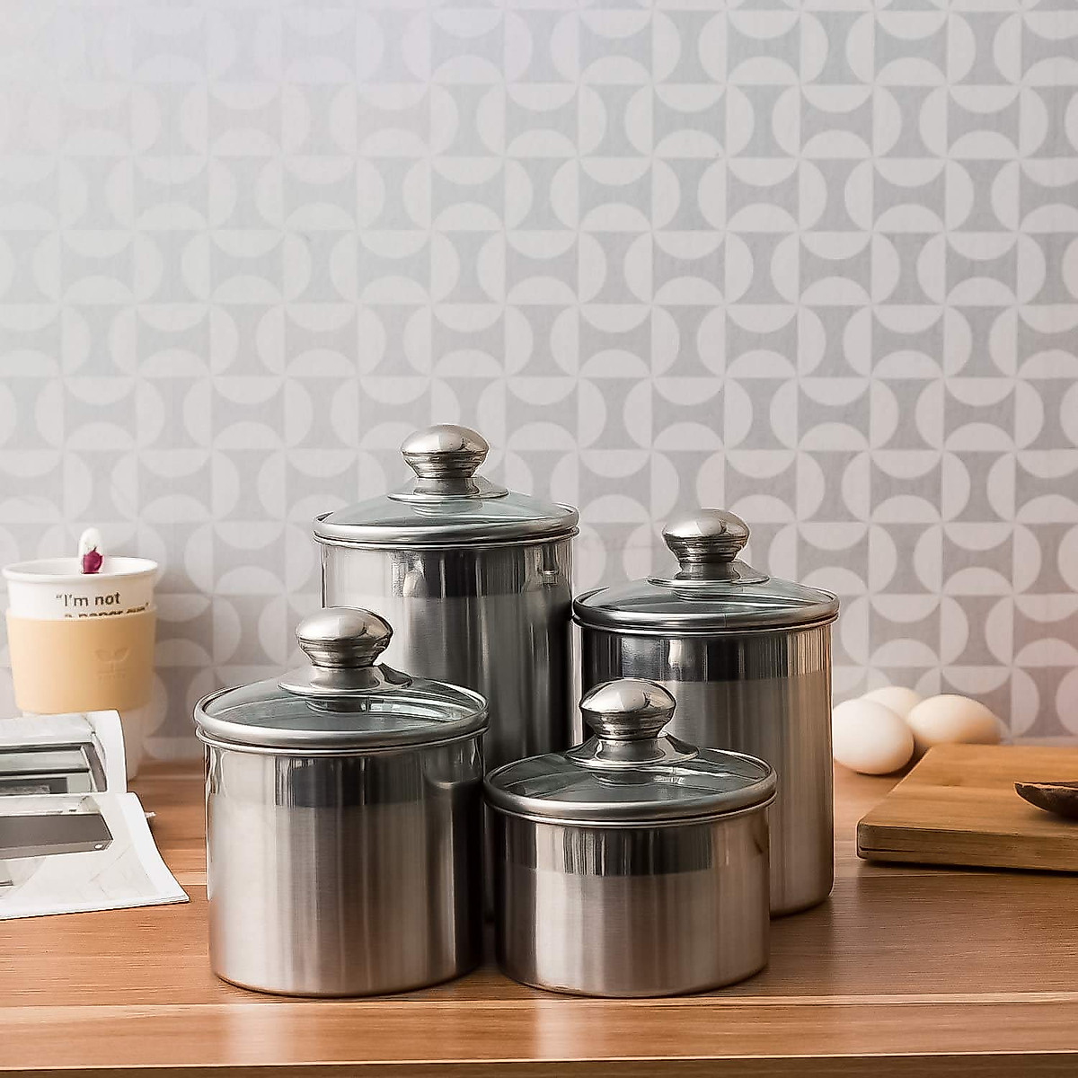 Set of 4 AIRTIGHT STAINLESS STEEL CANISTER SET for Kitchen Counter with GLASS LIDS + MARKER, LABELS, & SCOOP, Kitchen Canisters Ideal for Coffee, Flour, Sugar, Candy, Spices, Food Storage Cookie Jar