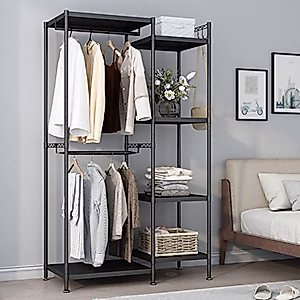 Isyunen Garment Rack, Heavy Duty Clothes Rack with Double Rods and 6 Storage Shelves and 1 Pairs Side Hooks for Hanging Clothes,Adjustable Metal Freestanding Closet Wardrobe Rack,Black (Black)