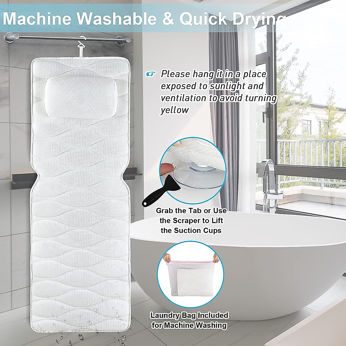 Full Body Bath Pillow, Bath Pillows for tub with Mesh Washing Bag & 21 Non-Slip Suction Cups, Spa Bathtub Pillow for Head Neck Shoulder and Back Support - 5D Air Mesh & Quick Drying