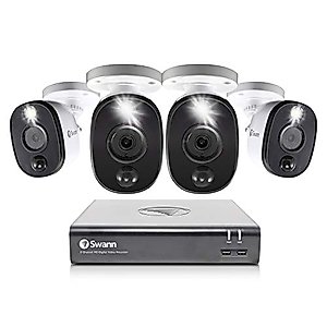 Swann Home DVR Security Camera System with 1TB HDD, 8 Channel 4 Camera, 1080p Full HD Video, Indoor or Outdoor Wired Surveillance CCTV, Color Night Vision, Heat Motion Detection, LED Lights, 845804