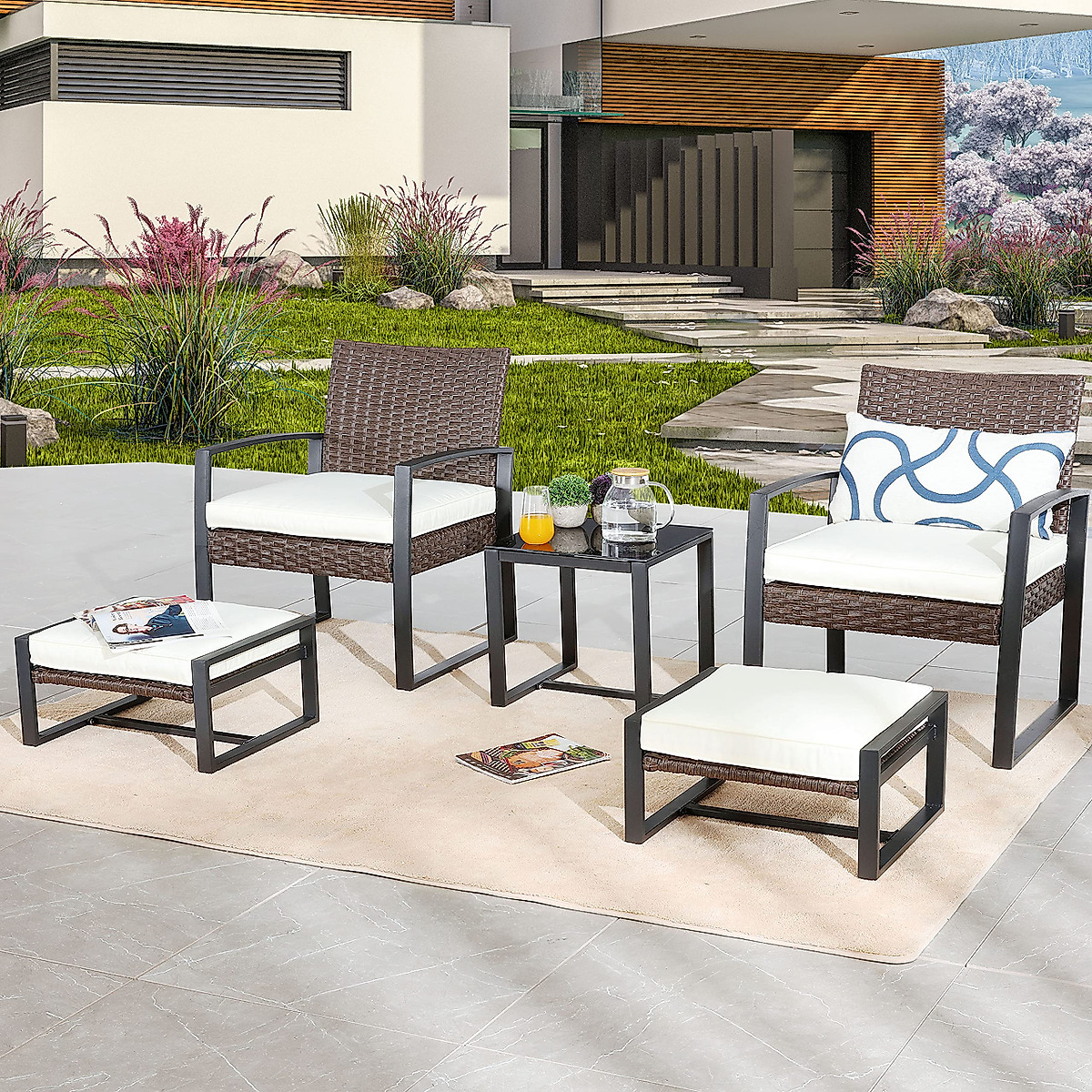 LOKATSE HOME Patio Conversation Set 5 Pieces Outdoor PE Wicker Rattan Sofa Furniture Cushioned Chairs and Ottomans with Tempered Glass Coffee Table, White