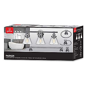 Globe Electric 51234 5-Piece All-in-One Bathroom Accessory Set, with Vanity, Chrome, 3-Light Vanity Light, Clear Glass Shades, Towel Bar, Towel Ring, Robe Hook, Toilet Paper Holder, Makeup Lighting