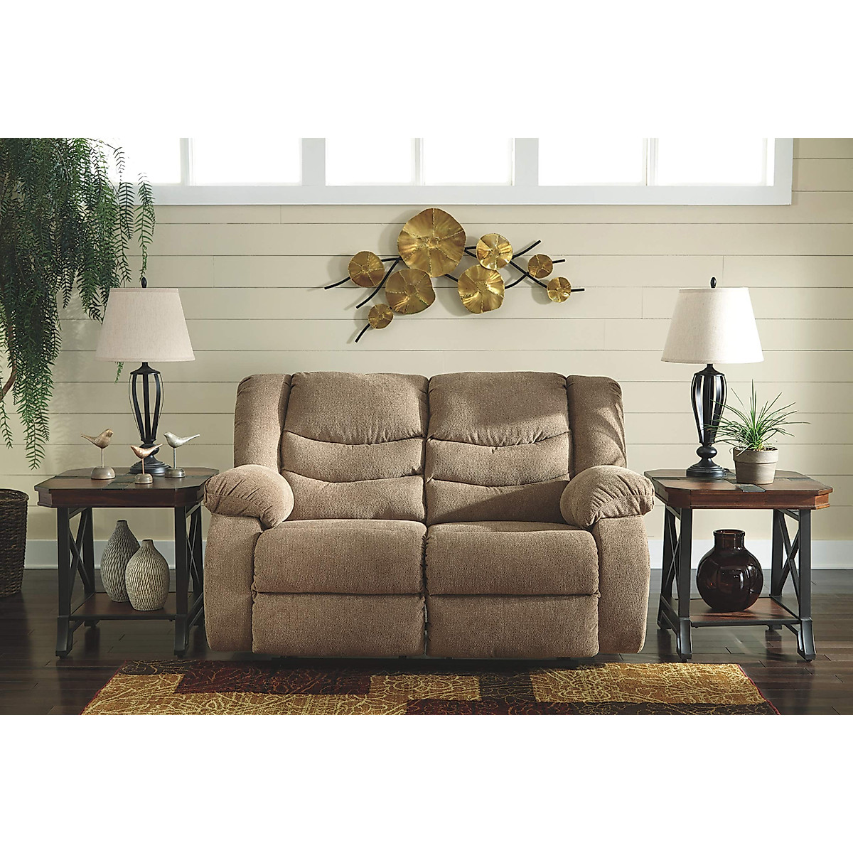 Signature Design by Ashley Tulen Modern Manual Pull Tab Reclining Loveseat, Light Brown
