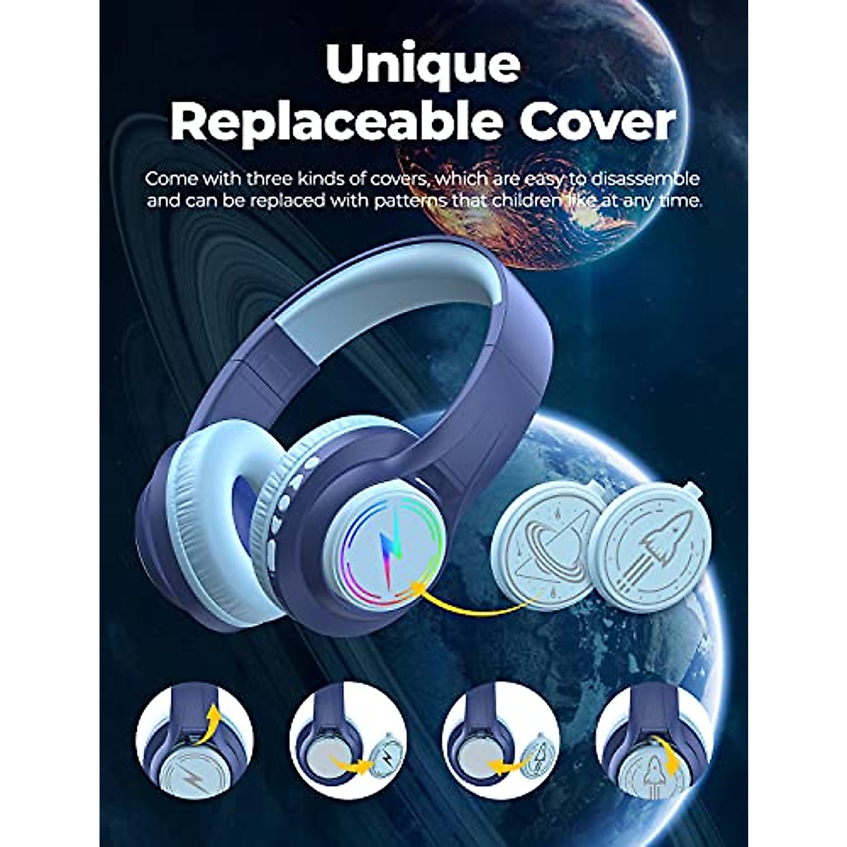 iClever TransNova Kids Bluetooth Headphones, LED Lights Up, Replaceable Plate, 74/85/94dB Volume Limited, 45H Playtime, Stereo Sound, Kids Headphones Wireless with Case for Travel iPad Tablet, Blue