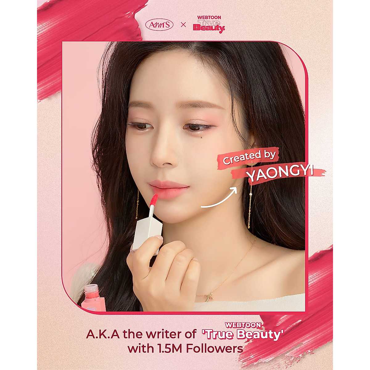 AMTS Webtoon True Beauty - 01 Some Love | Pink Lip Tint Stain | High Pigment Liquid Waterful Shine Non-Sticky Long-Wearing Long-Lasting | True Beauty Cute Pink Makeup