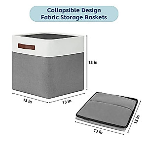 Consmos 13 Inch Storage Cubes 4 Pack Collapsible Fabric Storage Baskets for Shelves Large Cube Storage Bins with Leather Handle for Closet Organizers and Storage, Nursery, Clothes, Toys White& Gray