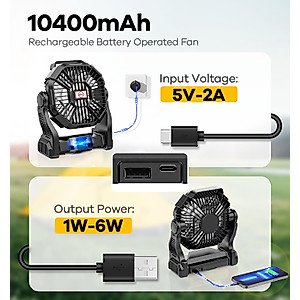 DOWILLDO Camping Fan with LED Lantern, 10400mah Portable Battery Operated Outdoor Fan, Personal Rechargeable Fan for Travel, Hiking, Fishing, Picnic (Black)