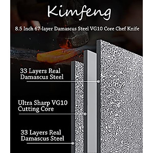 Kimfeng Handmade 8.5 inch Damascus Chef knife Kitchen Knife VG10 Core Steel 67-layer Stainless Steel Professional Forging Chef Knives Corrosion Resistance