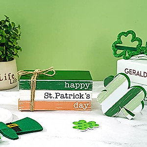 Whaline St. Patrick's Day Wooden Tiered Tray Decor Faux Decorative Stacked Books Bundle Happy St. Patrick's Day Wooden Block Sign with Shamrock for Irish Holiday Kitchen Home Table Decor