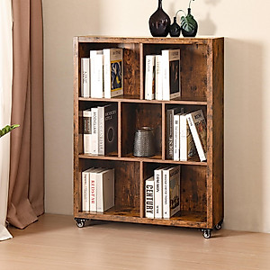 FUSUNBAO 7-Cube Style Bookshelf with Wheels Frame Industrial Style Book Storage Organizer Bookcase Floor Standing Fixed Shelves，Display Shelves Cabinet for Living Room/Bedroom/Office(Antique Brown)