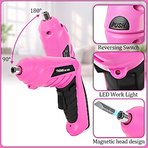 THINKWORK 41 Piece Pink Tool Set - Lady's Hand Tool Set with 3.6V Rotatable Electric Screwdriver, Home Repairing Tool Kit for Women with Large Mouth Open Tool Bag, Perfect for Home DIY, Daily Use