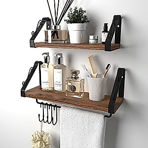 Ditwis Wall Shelves Set of 4, Rustic Storage Wood Floating Shelves with Towel Bar and Removable Hooks for Bathroom,